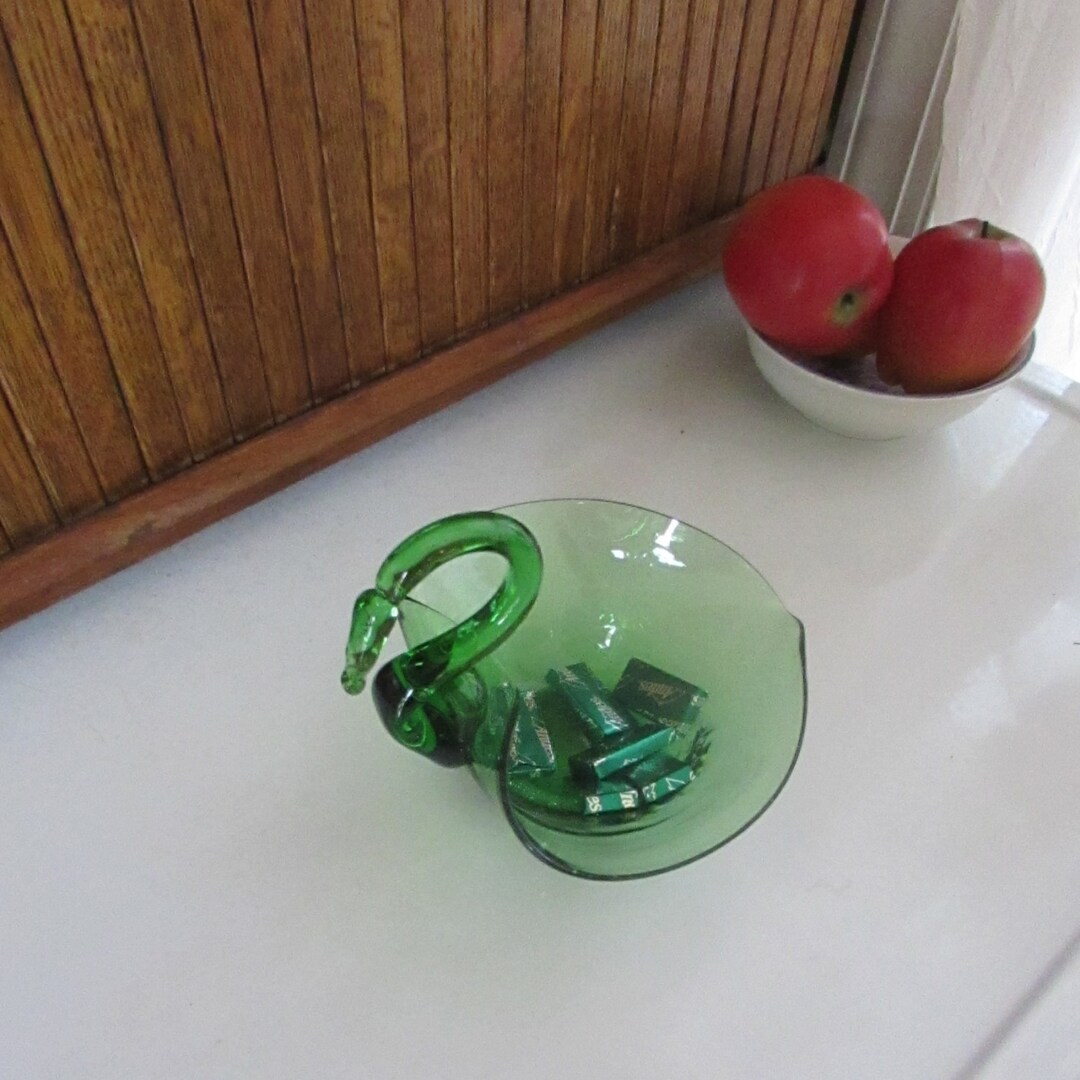 Emerald Green Glass Swan Candy Dish - Bright Green Crackle Glass ...