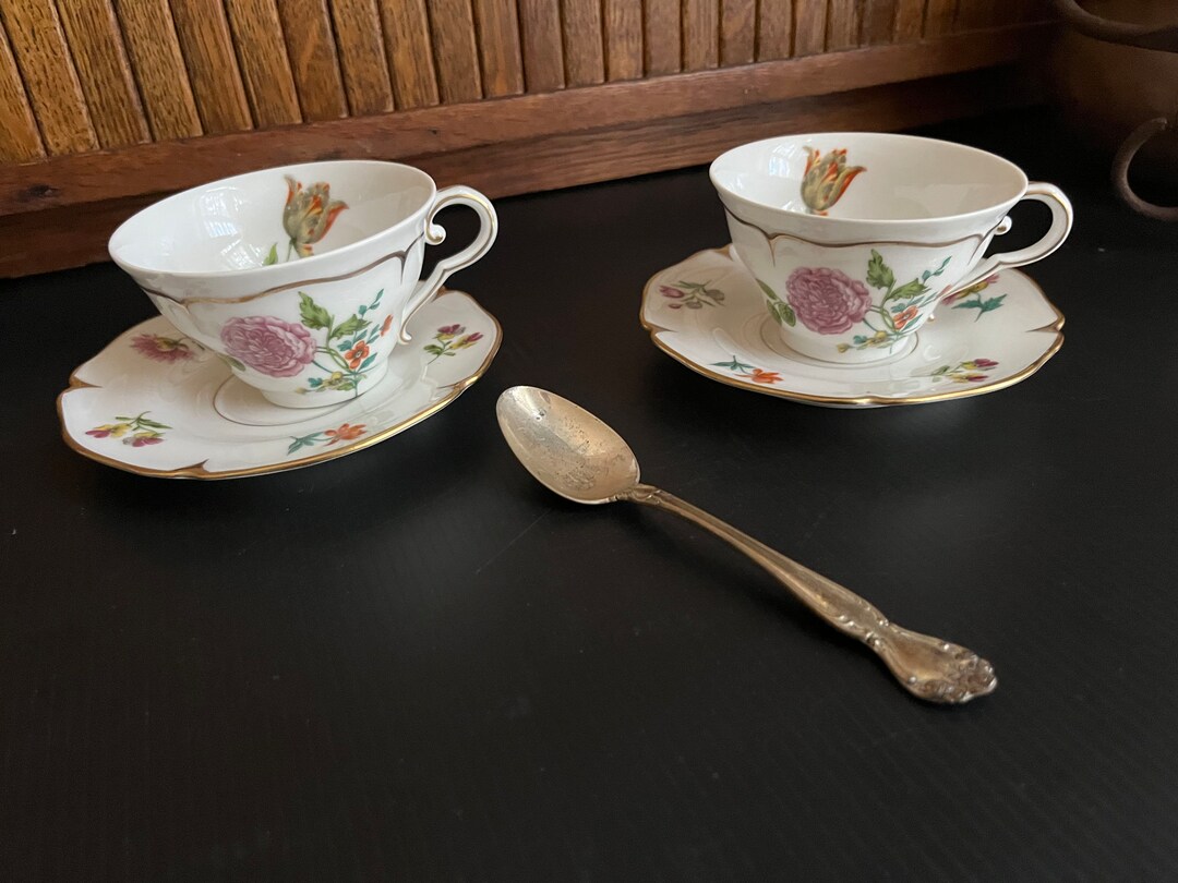 Beautiful Botanical Tea Cups & Saucers – Set of 2 Multicolored Floral ...