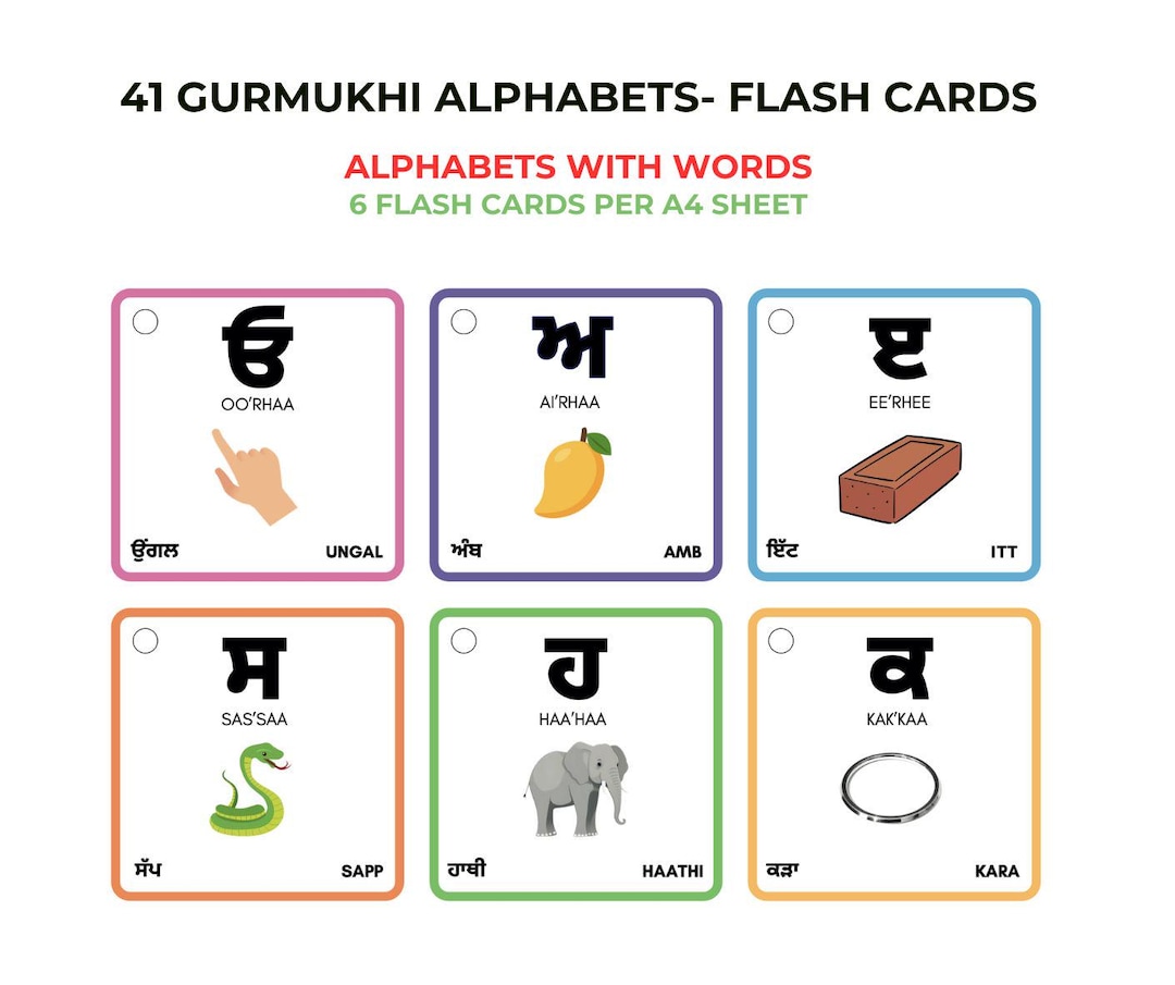 41 Punjabi Alphabets With Words - Flash Cards - Gurmukhi Words for Kids ...
