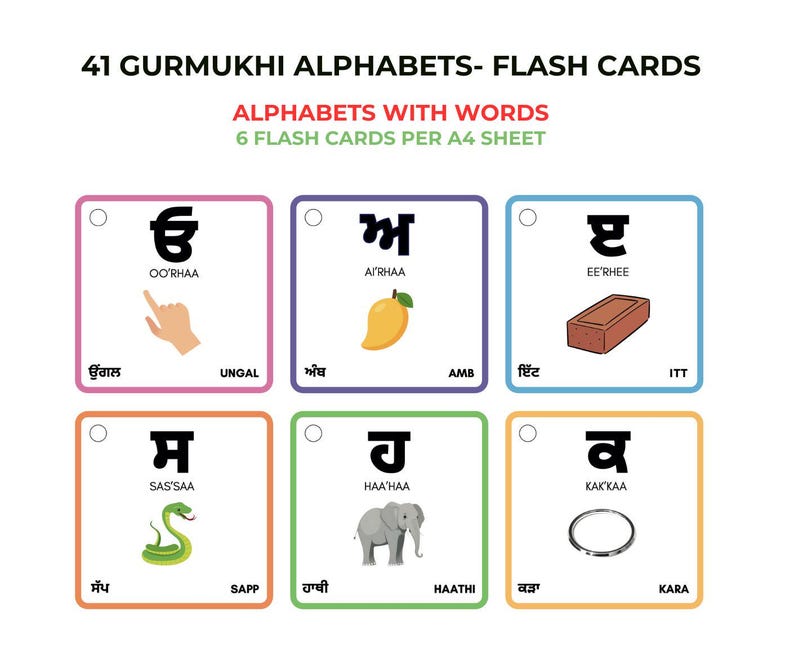 41 Punjabi Alphabets With Words Flash Cards Gurmukhi Words for Kids ...
