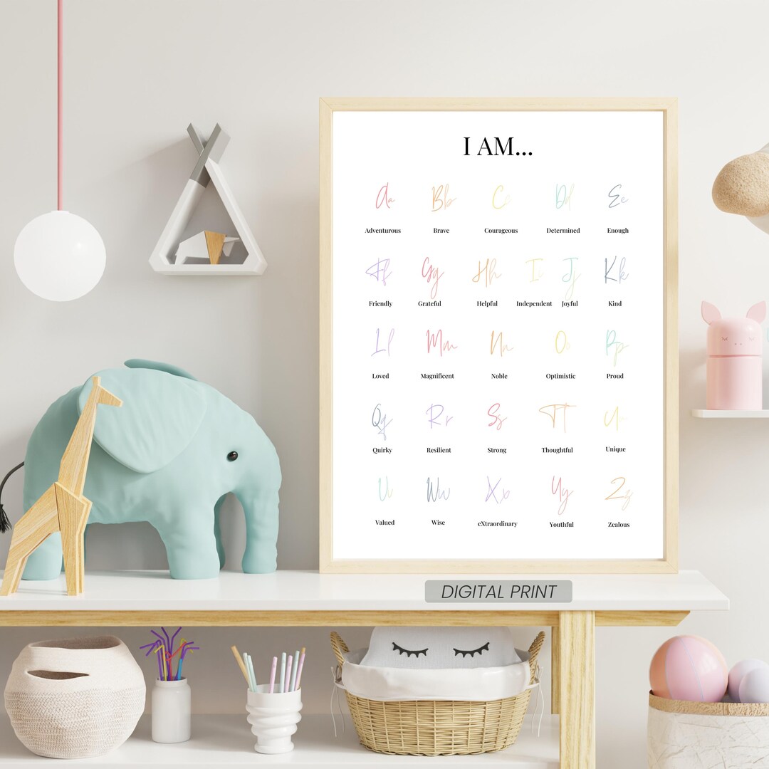 Affirmation Alphabet Poster Kids Wall Art in Cute Rainbow Script ...
