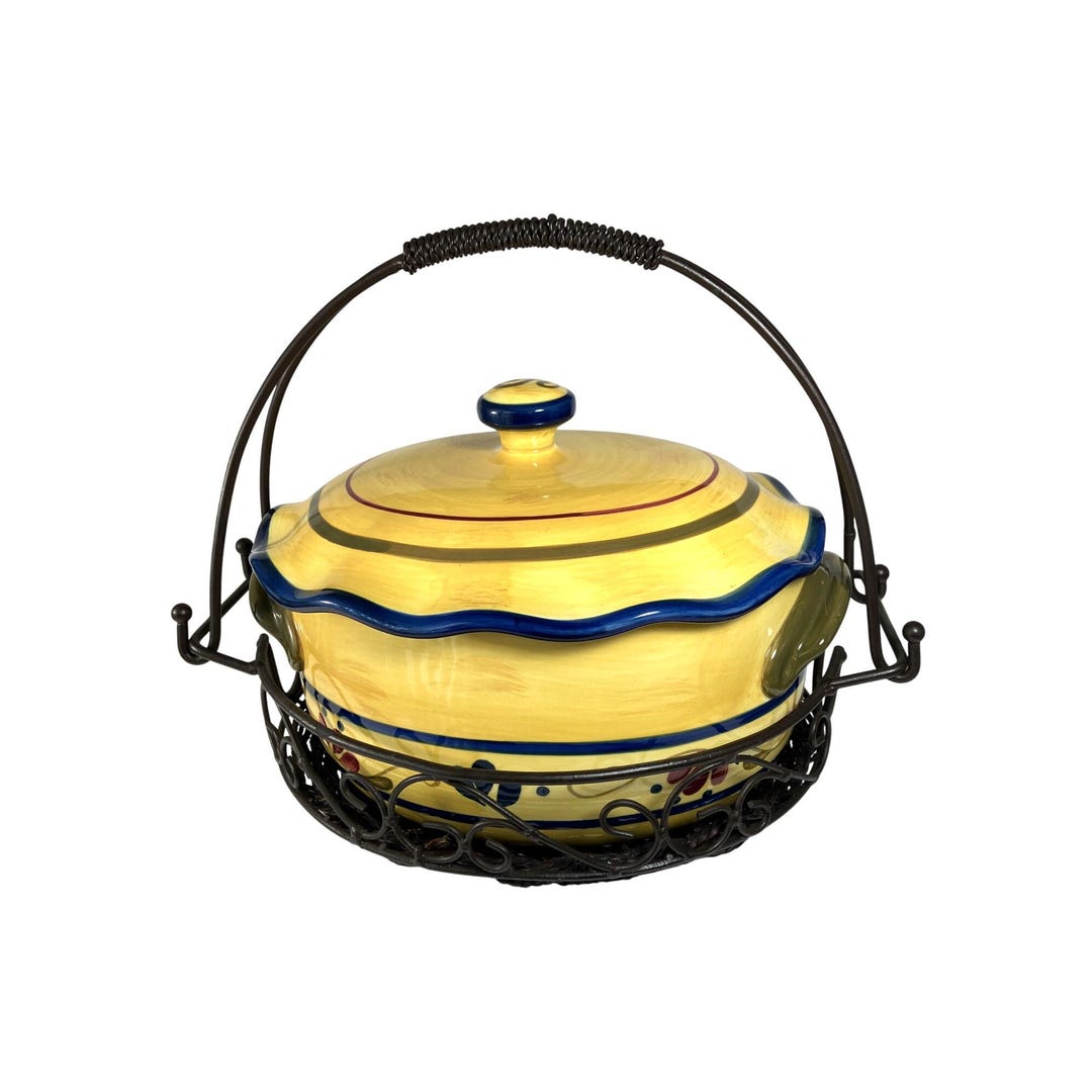Home and Garden Party Stoneware Welcome Home Bean Pot and Holder Yellow Blue - Etsy