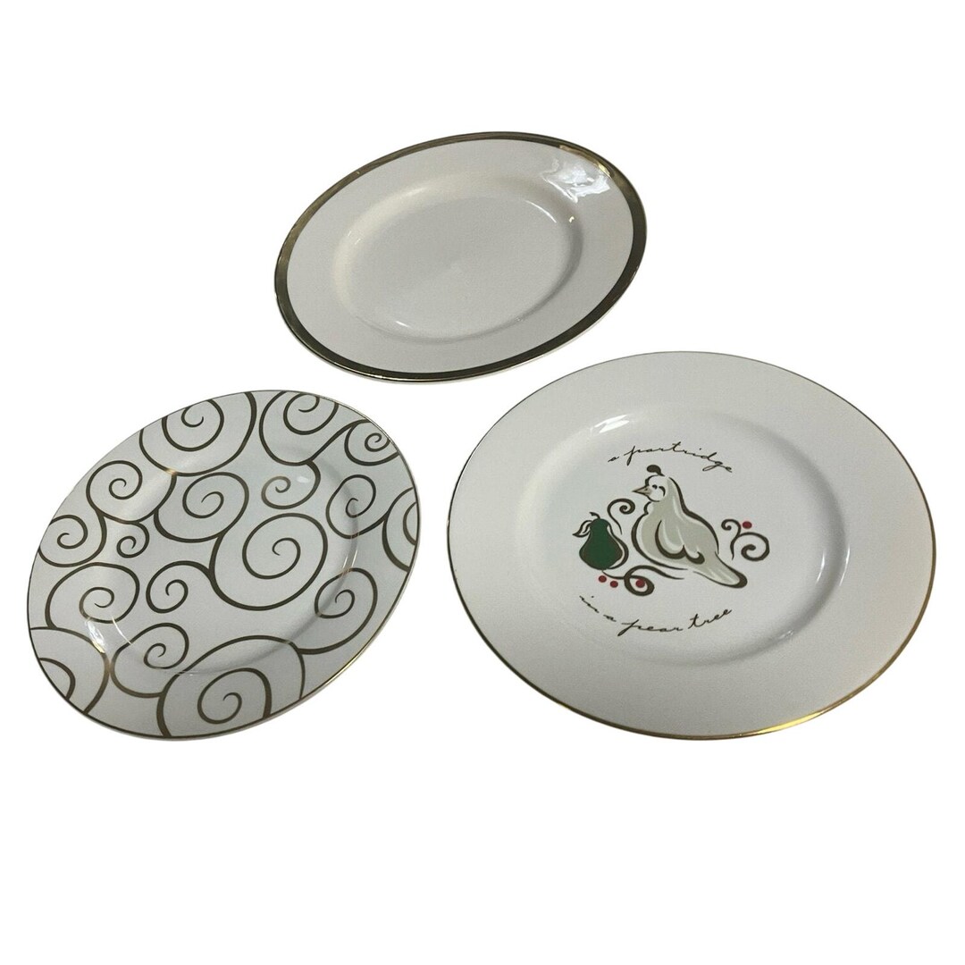 3 Pier 1 Plates 7.75" Partridge in Pear Tree 8.5" Gold Band 10.5" Gold ...