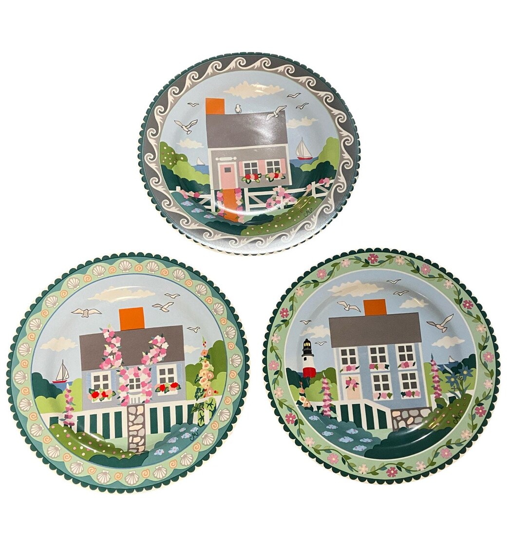 Sakura 3 Plate Set B C D Nantucket Salad Dessert Stoneware Scalloped ...