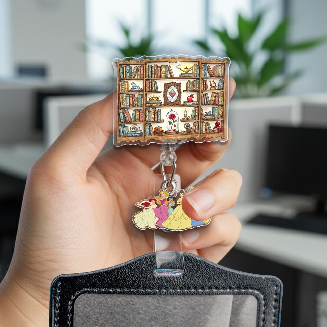 Fairy Tale Library Badge Reel, Bookcase Reading ID Holder, Book Lover ...