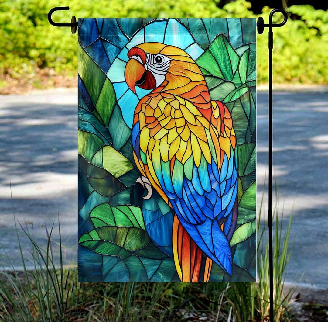 Scarlet Red Macaw Parrot Garden Flag, Summer Garden Flag, Stained Glass ...