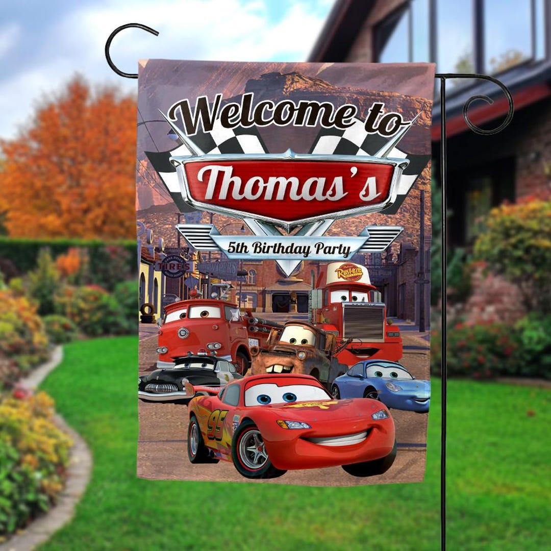 Lightning Mcqueen Birthday Welcome Garden Flag, Cars Party Yard Decor ...