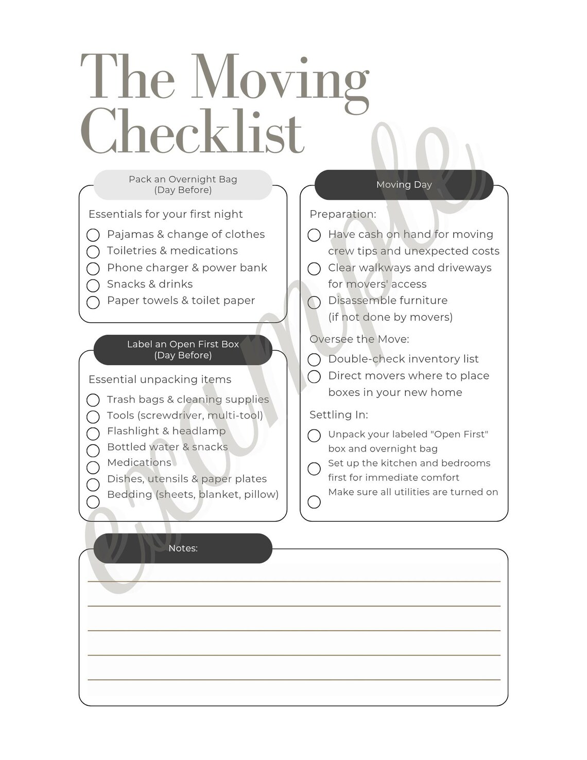 Detailed Moving Checklist | Moving Schedule Template | Printable ...