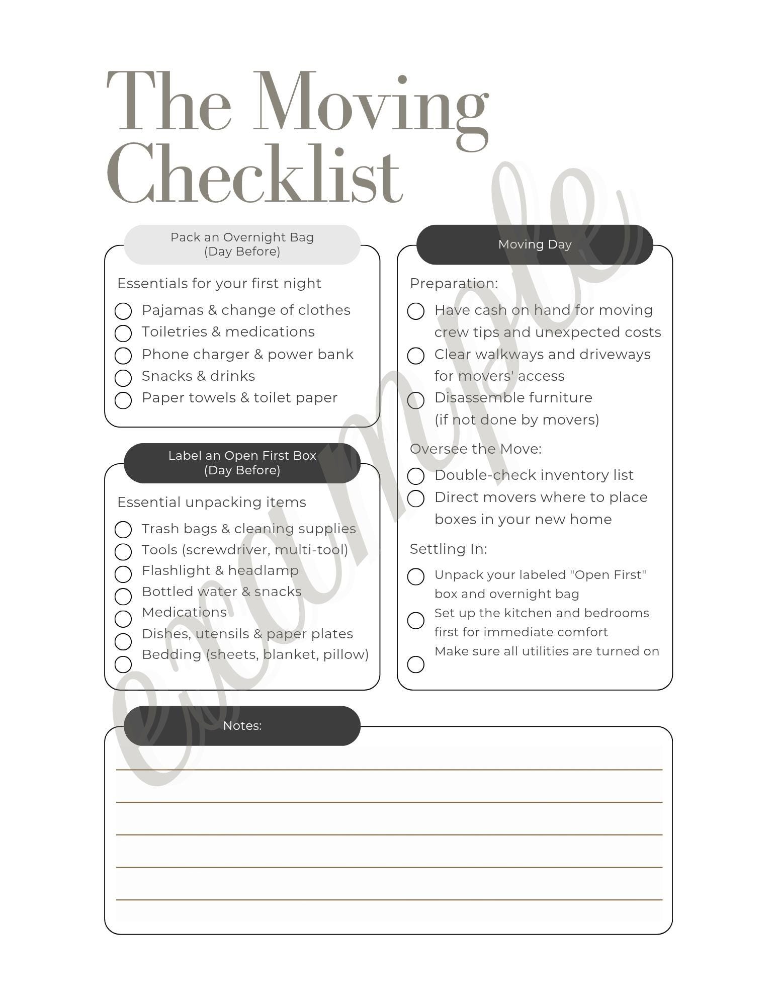 Detailed Moving Checklist | Moving Schedule Template | Printable ...