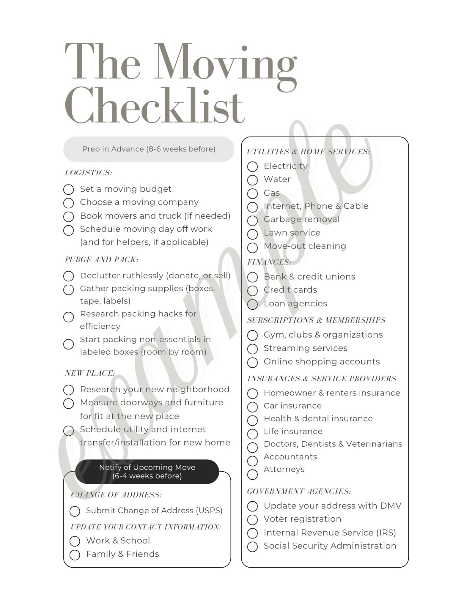 Detailed Moving Checklist | Moving Schedule Template | Printable ...