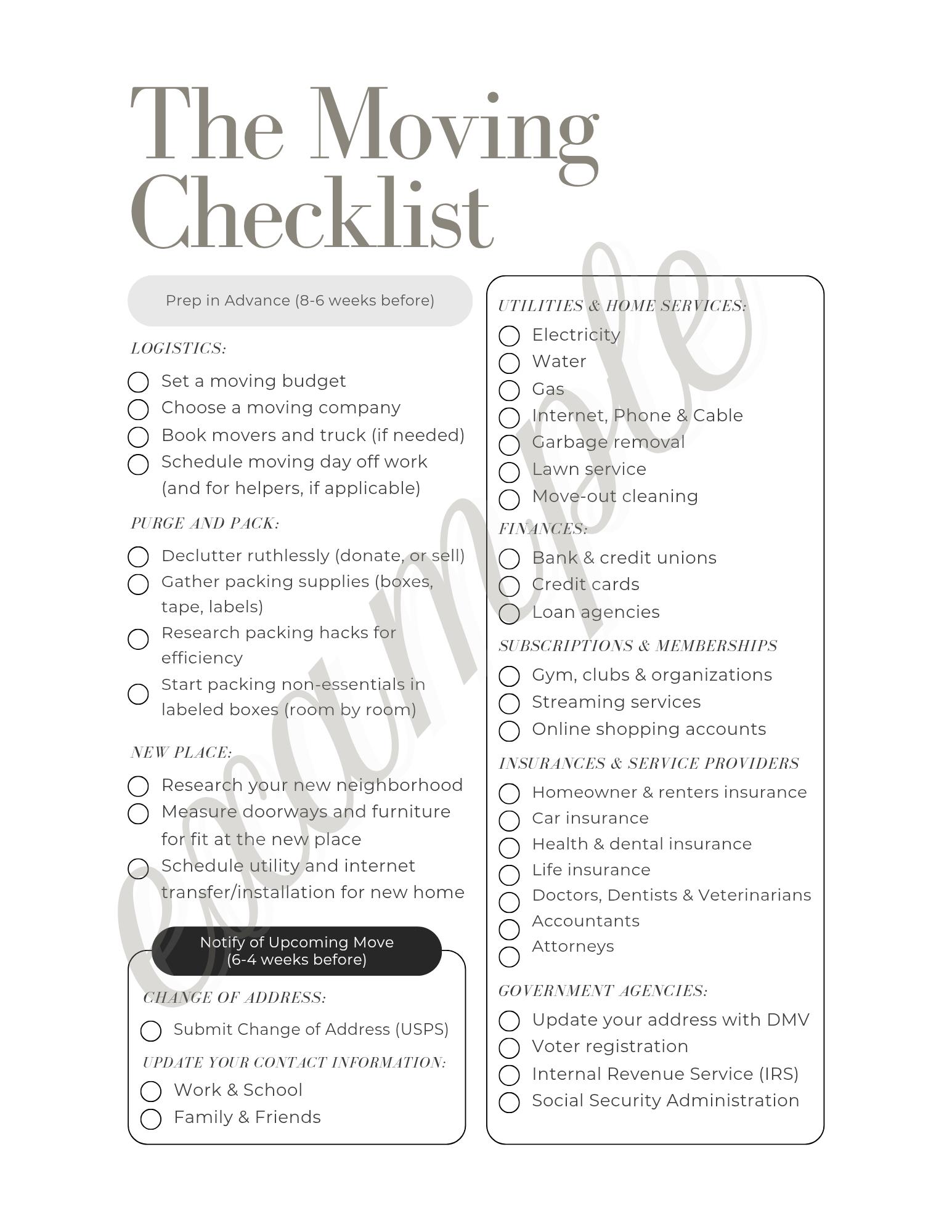 Detailed Moving Checklist | Moving Schedule Template | Printable ...