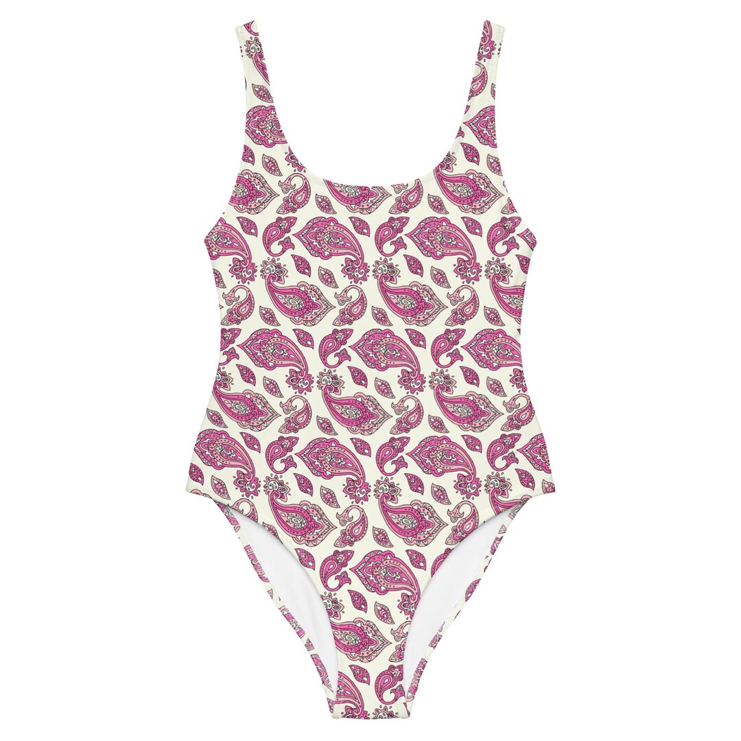 One-piece Swimsuit Ivory With Deep Pink Paisley Swimsuit Ladies Bathing ...