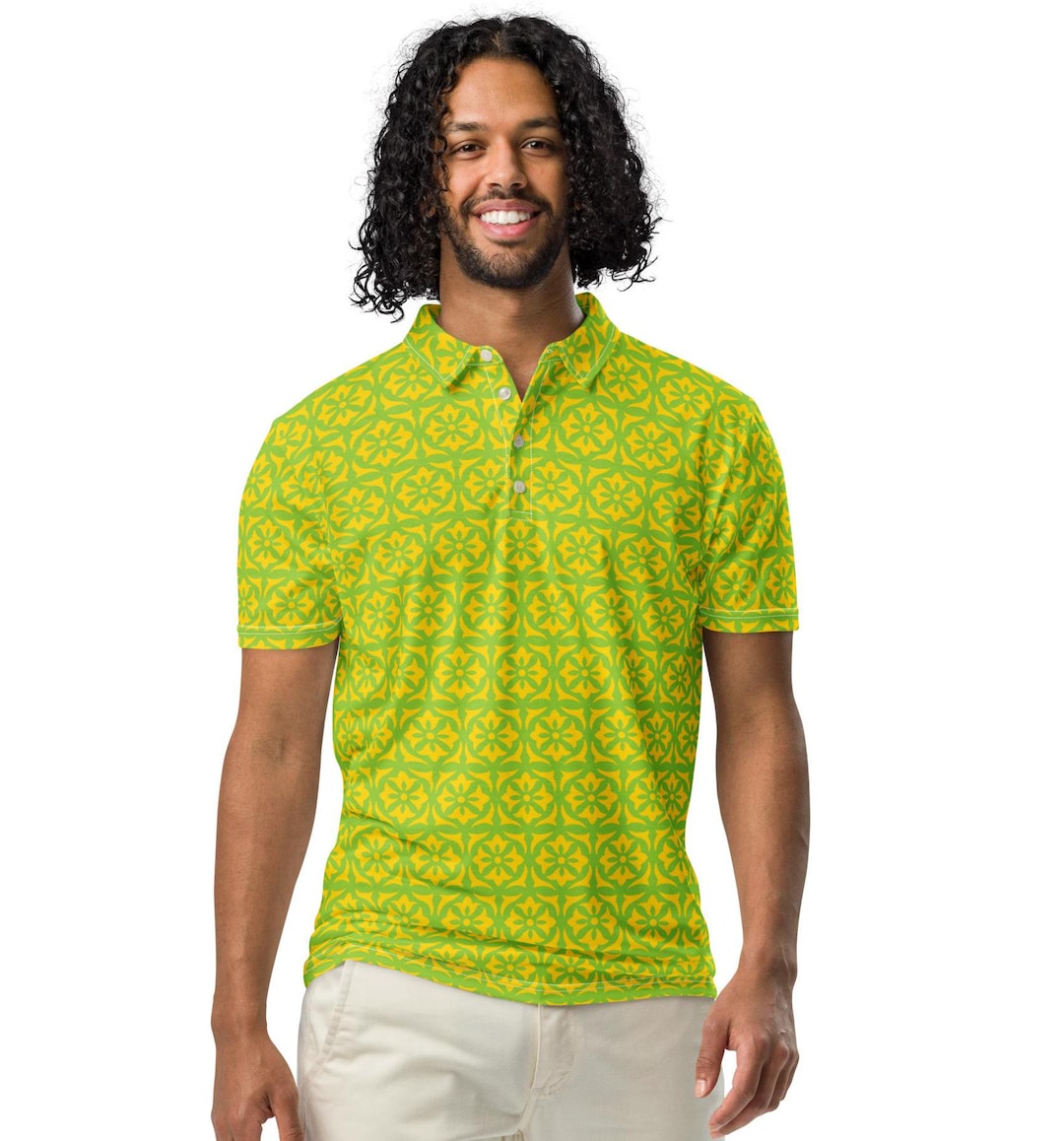 Mens Slim Fit Polo Shirt | Green Yellow With Lemon Yellow Flower ...