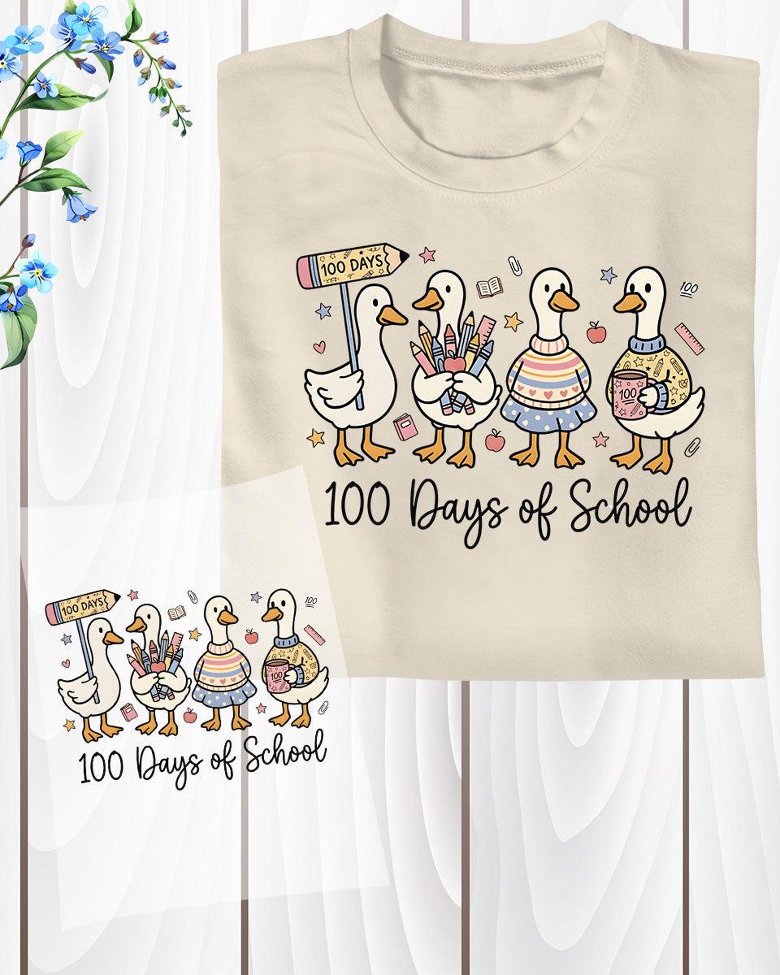 Cute Goose 100 Days of School DTF Transfer Ready to Press Toddler Ducks ...