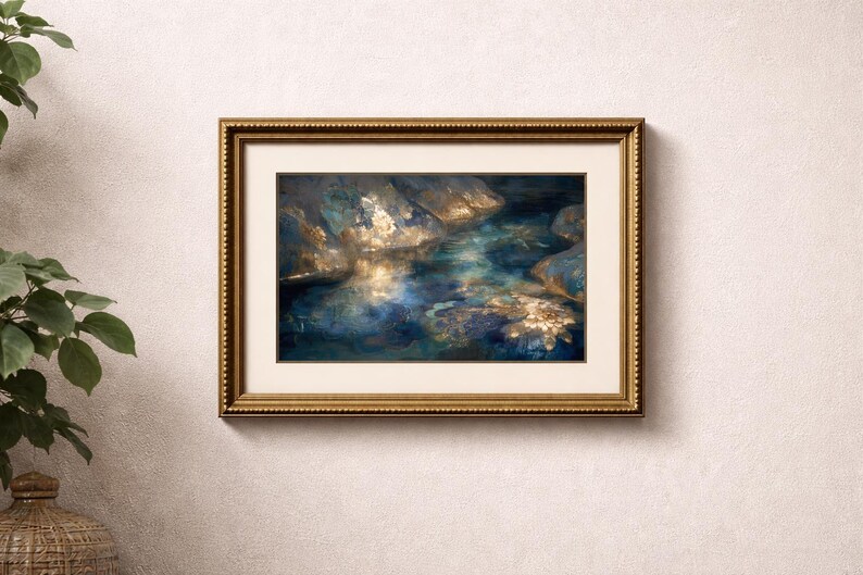 Golden Lotus Waters Postcard | Luxe Floral River Fantasy Art | Blue ...