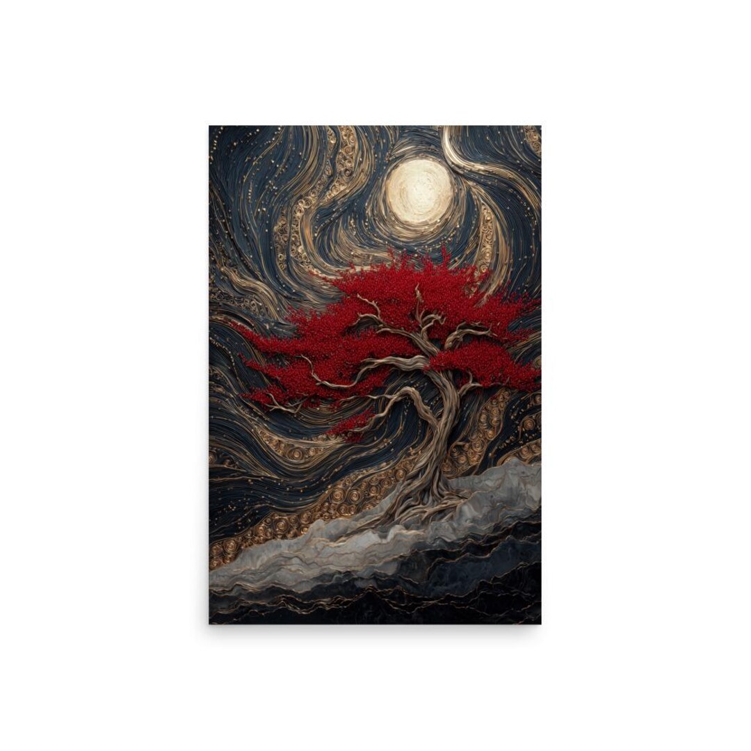 Red Tree Golden Moon Print: Surreal Starry Night Landscape - Etsy