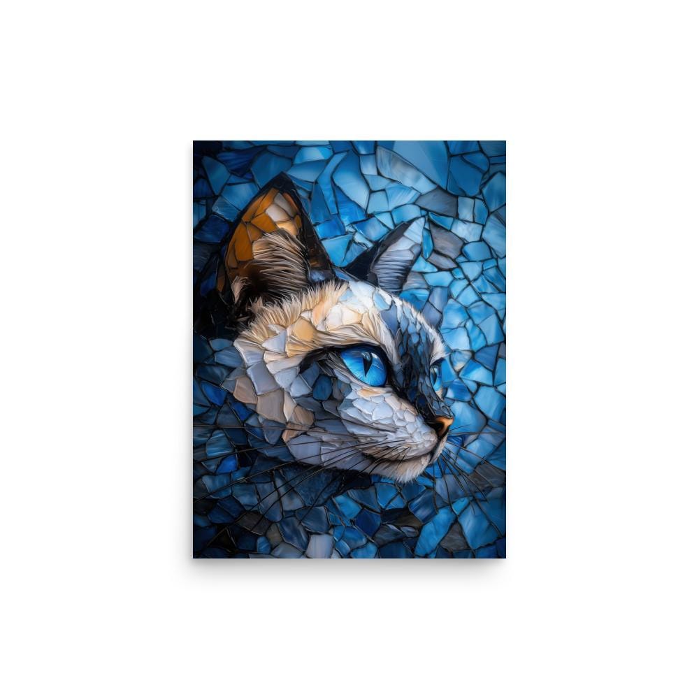Blue Mosaic Cat Poster | Vibrant Glass-style Feline Wall Art | Modern ...