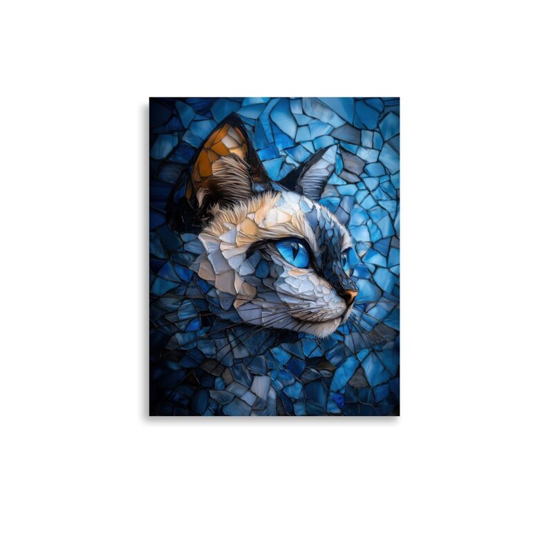 Blue Mosaic Cat Poster | Vibrant Glass-style Feline Wall Art | Modern ...