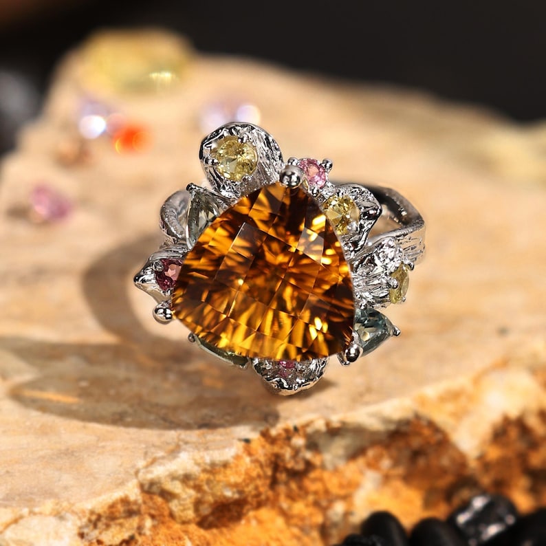 Natural Citrine Ring 925 Silver, Trillion Citrine & Multi Color ...