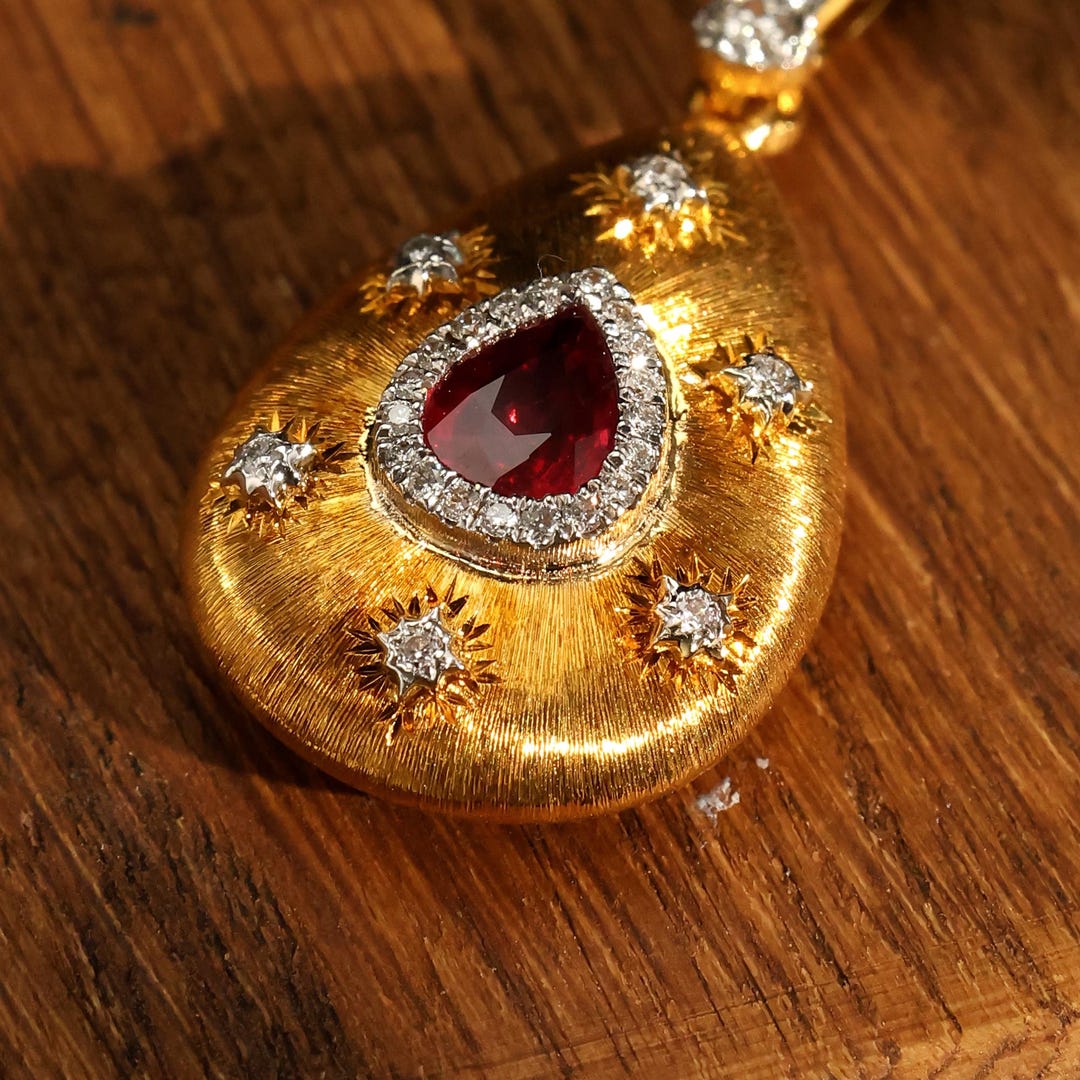 Handmade Brushed Gold Ruby Pendant, 18k Solid Gold Pendant, Pigeon ...