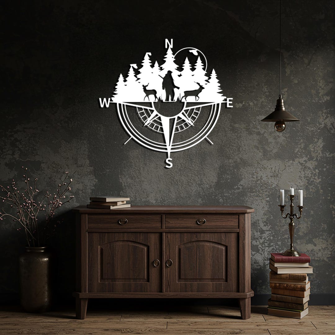 Compass Hunter Metal Wall Art, Deer Forest Silhouette Decor, Nature ...