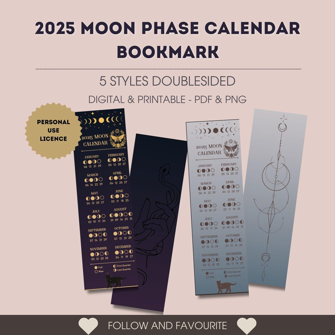 2025 Moon Phase Bookmark Calendar | Lunar Tracker | Eclipses ...
