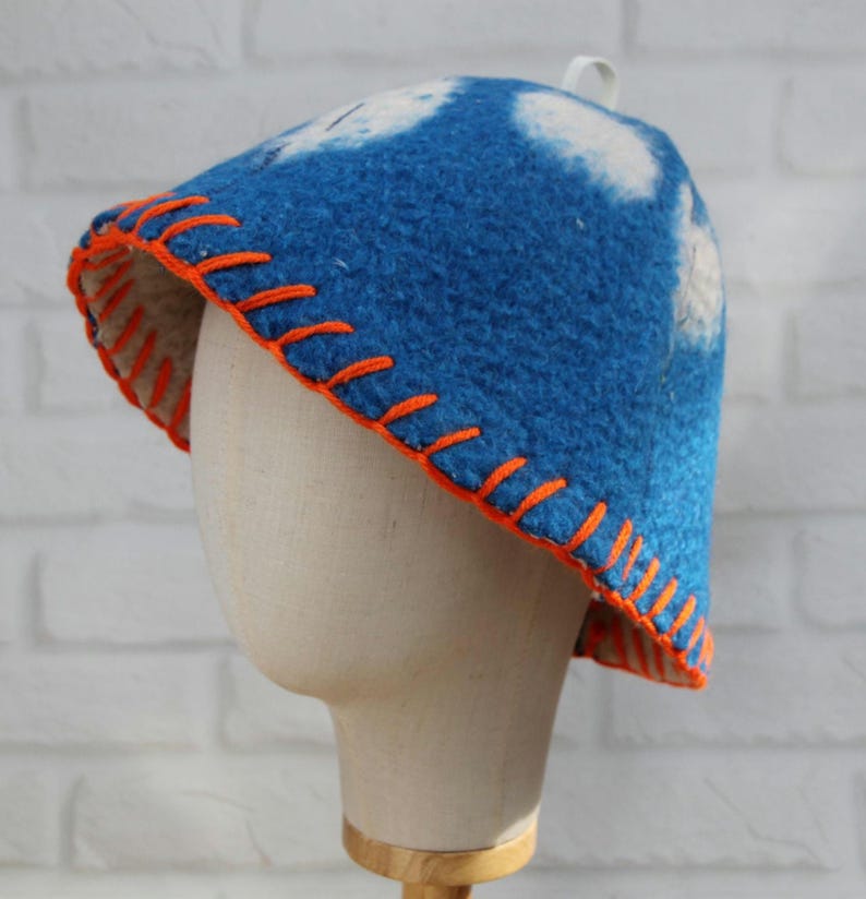 Upcycled Wool Sauna Hat, Blue Clouds, Orange Stitching, Banya Spa Cap ...
