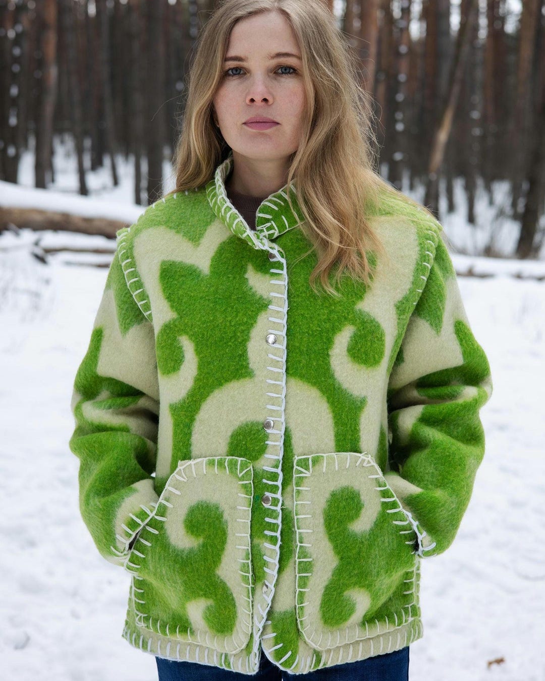 Handmade Upcycled Wool Blanket Jacket - Lime Green Ethno Style, Size M ...