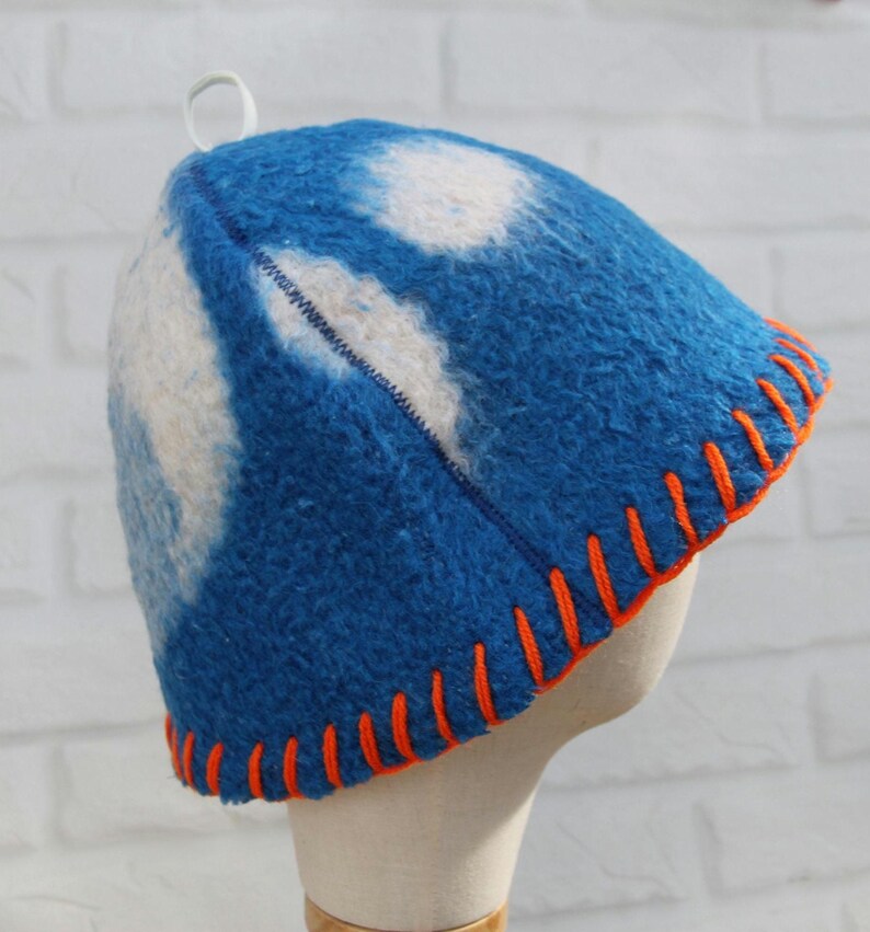 Upcycled Wool Sauna Hat, Blue Clouds, Orange Stitching, Banya Spa Cap ...