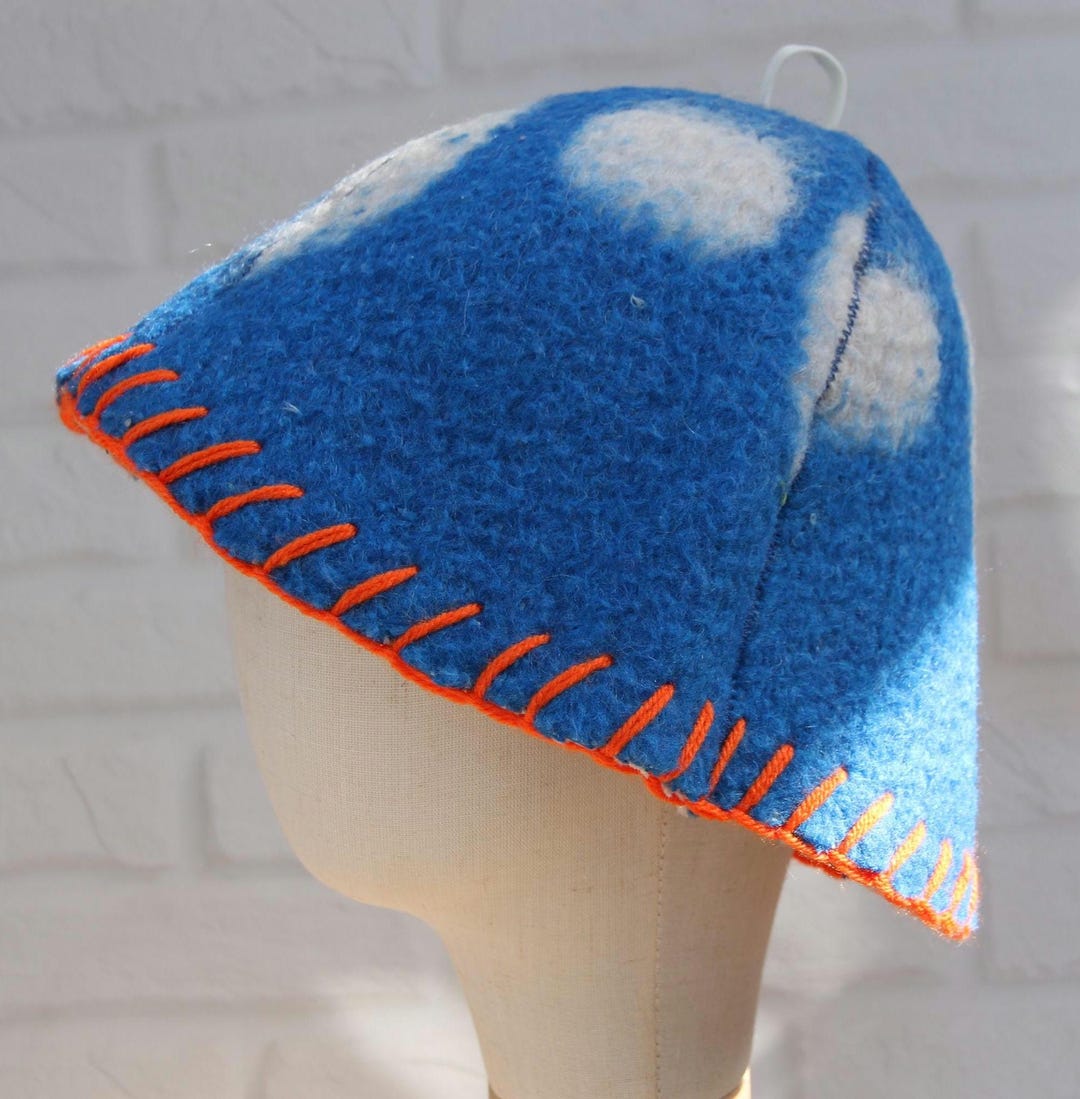Upcycled Wool Sauna Hat, Blue Clouds, Orange Stitching, Banya Spa Cap ...