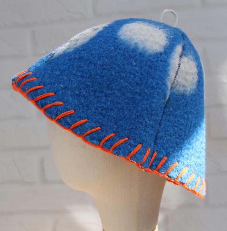 Upcycled Wool Sauna Hat, Blue Clouds, Orange Stitching, Banya Spa Cap ...