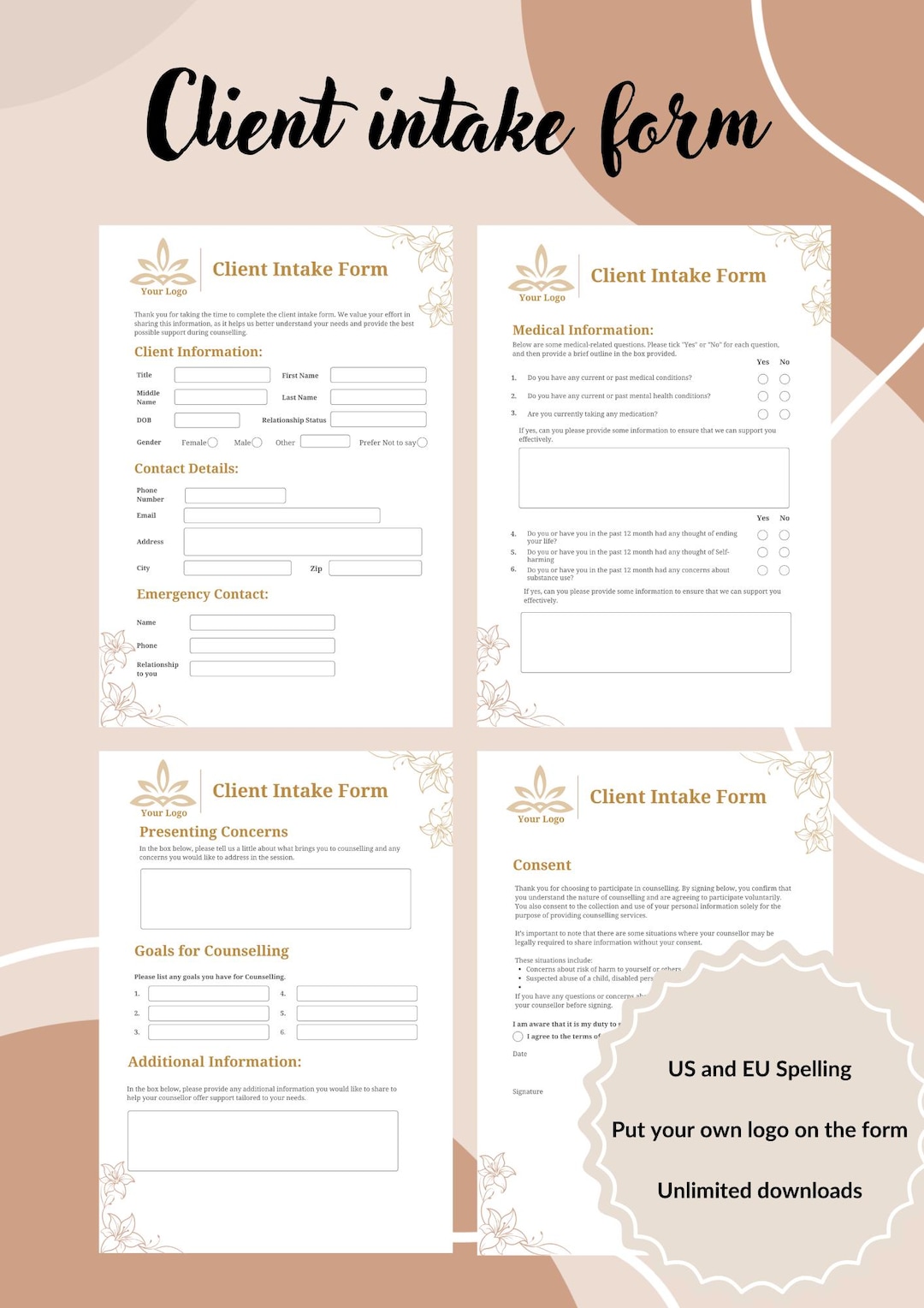 Editable Client Intake Form Template | Professional Counseling Form ...