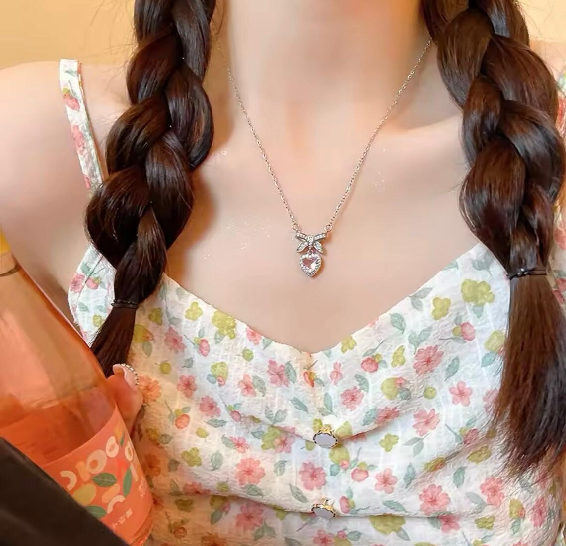 Elegant Pink Heart Gemstone Silver Necklace With Bow Charm - Etsy