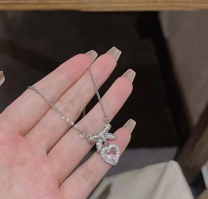 Elegant Pink Heart Gemstone Silver Necklace With Bow Charm - Etsy
