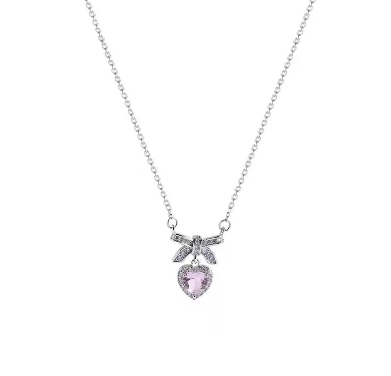 Elegant Pink Heart Gemstone Silver Necklace With Bow Charm - Etsy