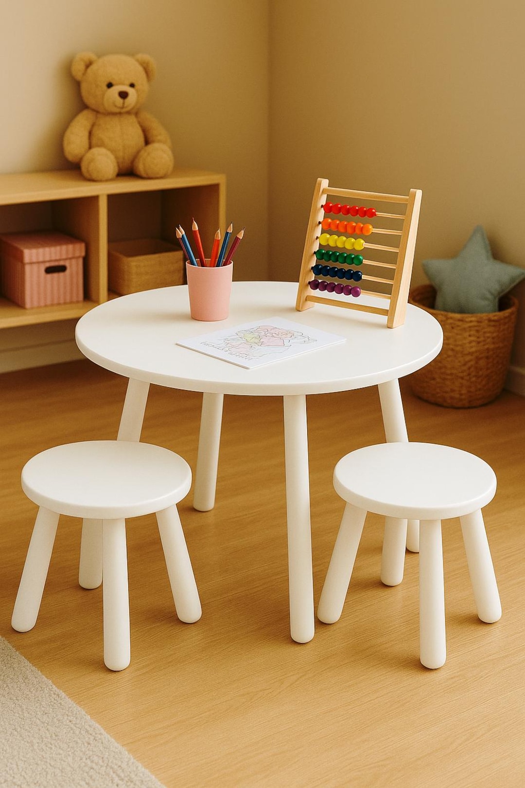 White Kids Round Table & Stools Set | Montessori Play Furniture ...