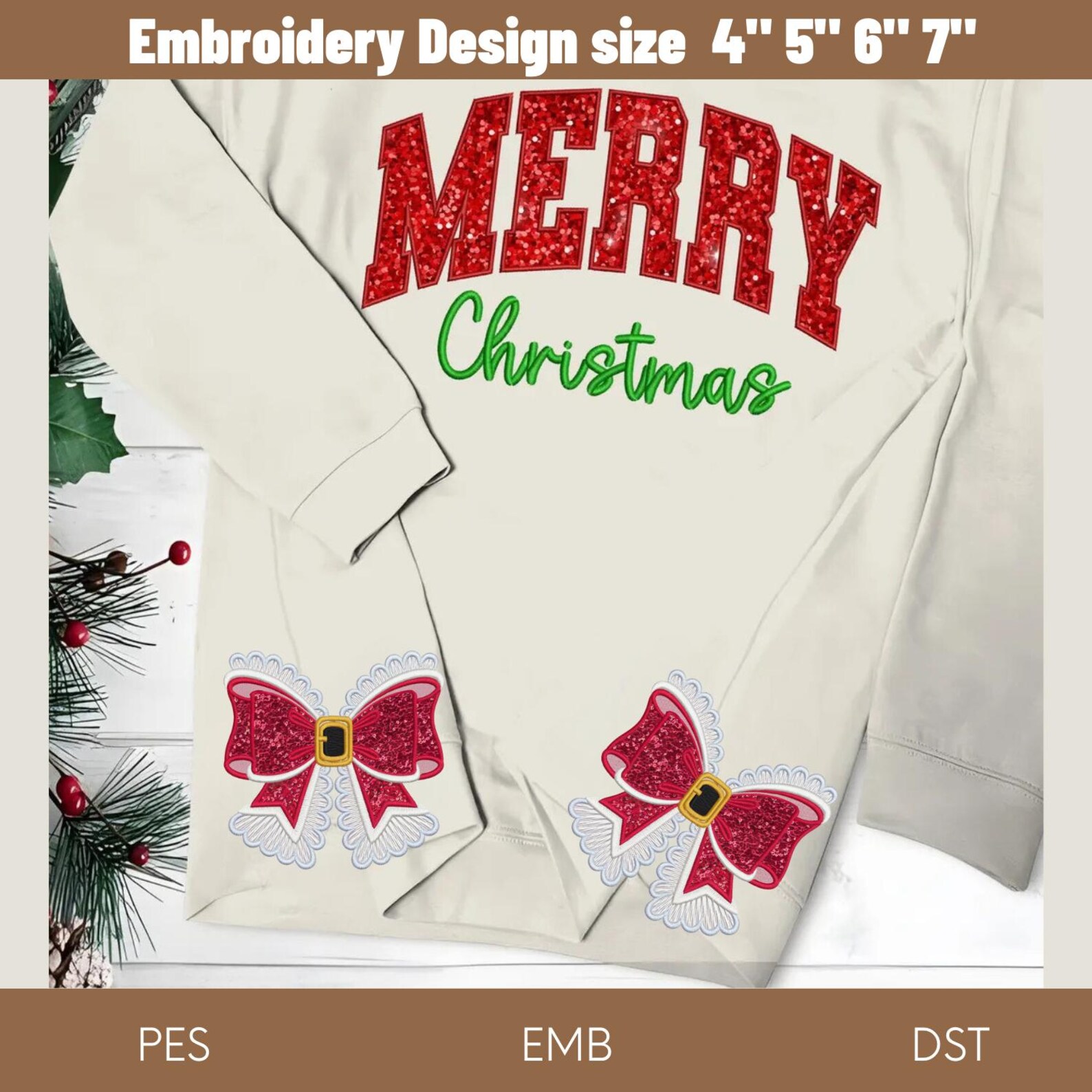 Side Bow Applique Sweatshirt Embroidery Design, Glitter Bow Christmas ...