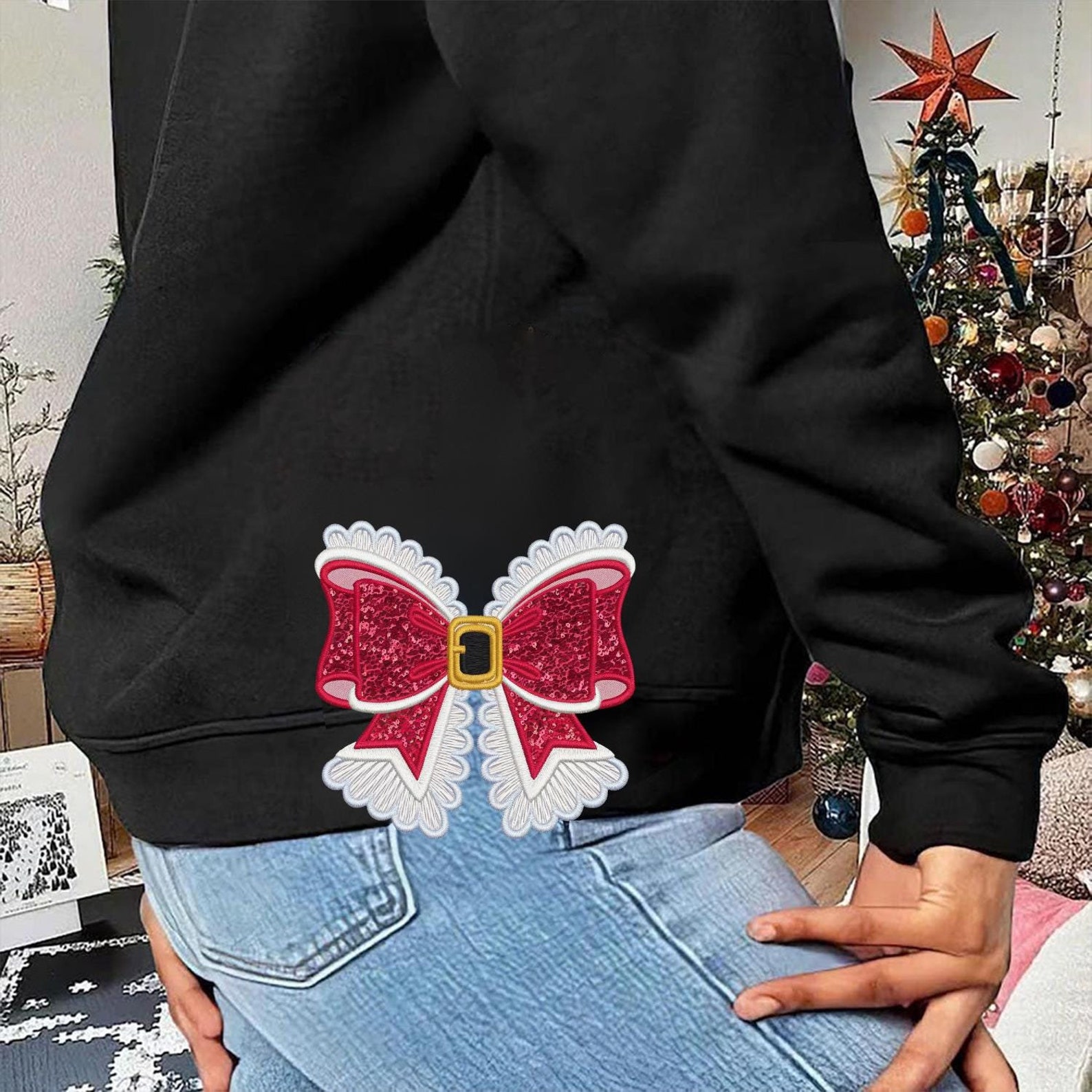 Side Bow Applique Sweatshirt Embroidery Design, Glitter Bow Christmas ...