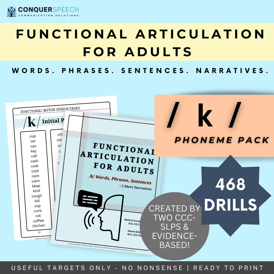 Adult Functional Articulation Therapy Pack /k/ Speech Drills (PDF ...