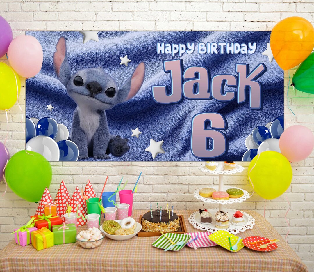 Custom Disney Stitch Birthday Backdrop, Cute Blue Monster Birthday ...