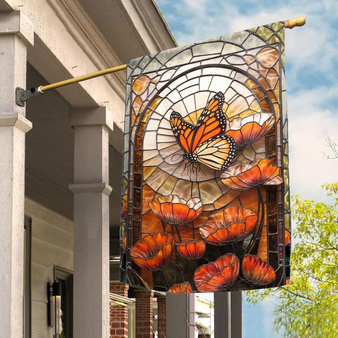 Butterfly Garden Flag, Butterfly Flag, Stained Glass Floral Garden Flag ...
