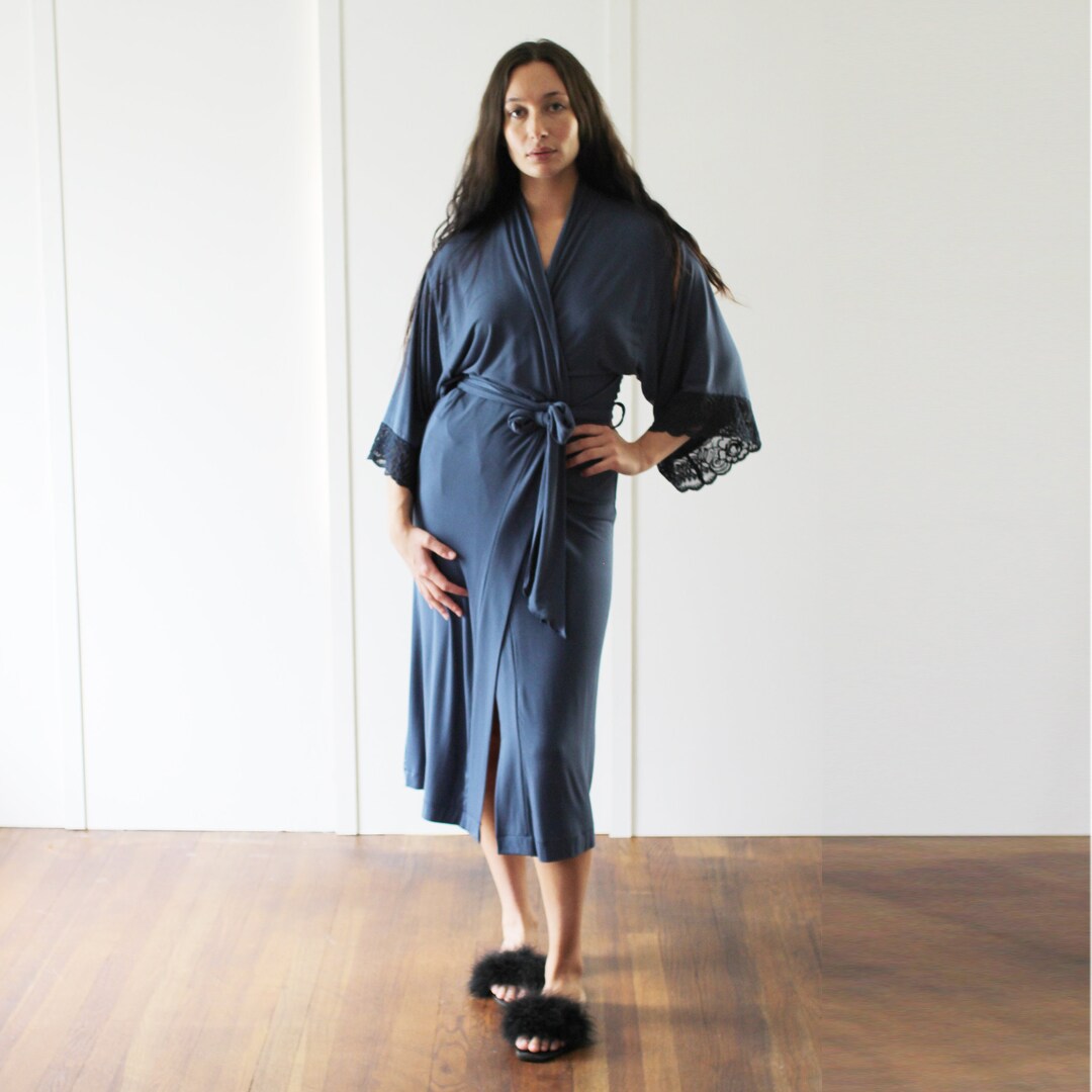 Lace Cuff Bamboo Kimono Robe: Midi Length Sleepwear, Made to Order - Etsy