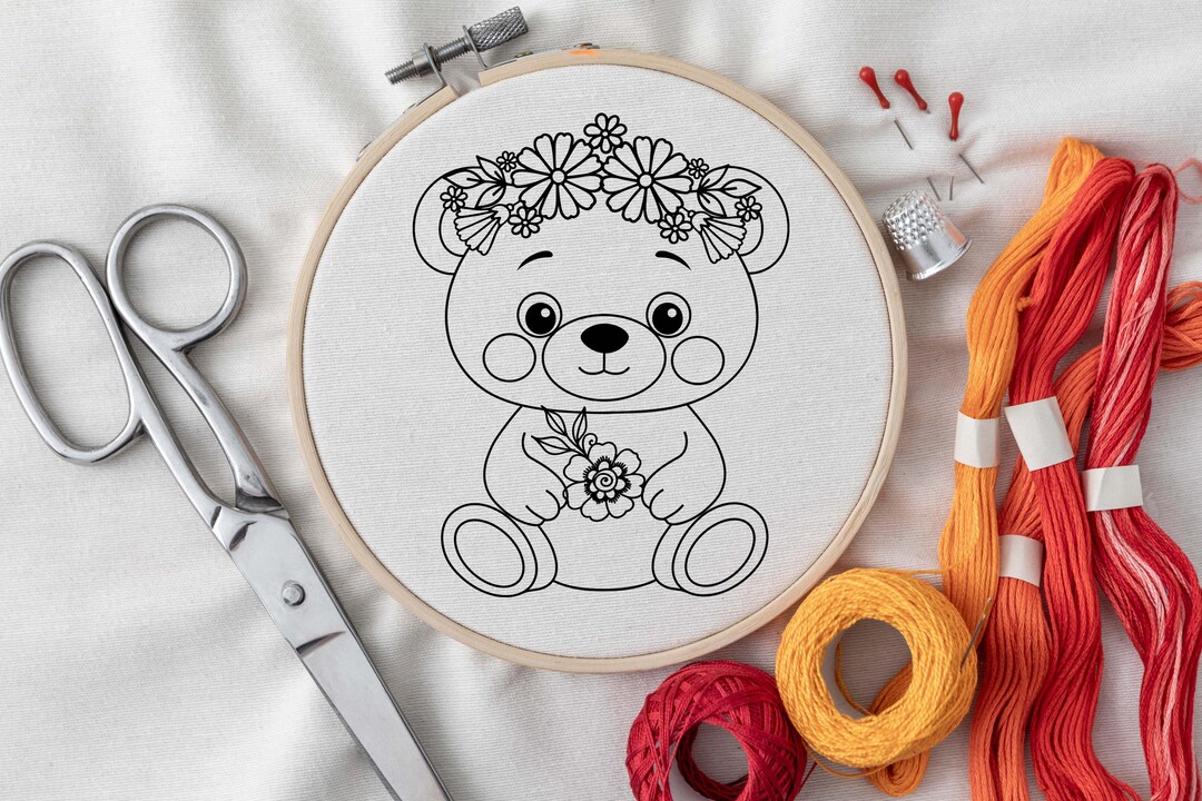 Teddy Bear Embroidery Pattern, Floral Hand Embroidery, Floral Teddy ...