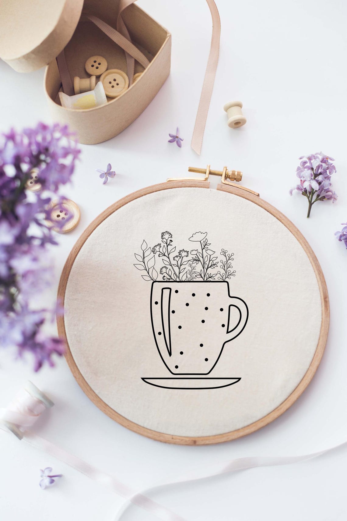 Flower Cup Embroidery Pattern, Tea Cup Embroidery, Coffee Cup ...