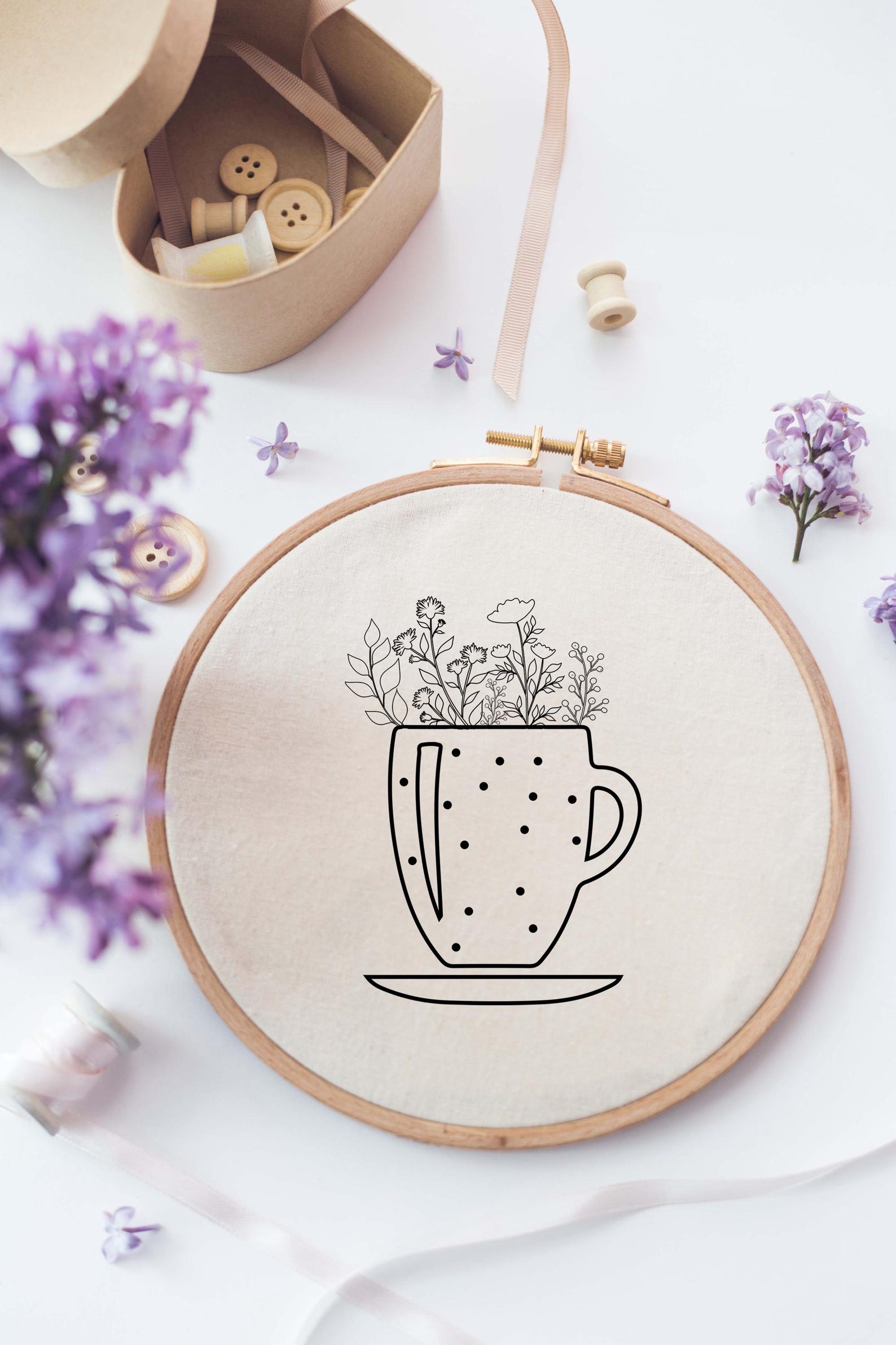 Flower Cup Embroidery Pattern, Tea Cup Embroidery, Coffee Cup ...