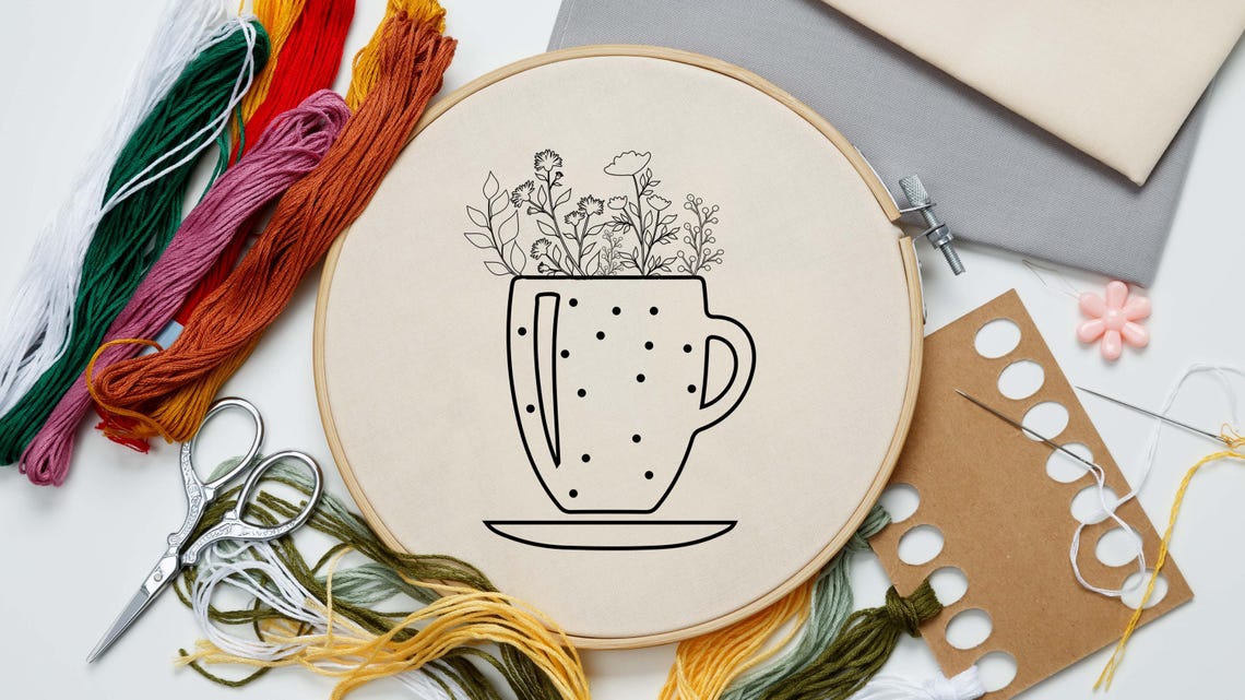 Flower Cup Embroidery Pattern, Tea Cup Embroidery, Coffee Cup ...