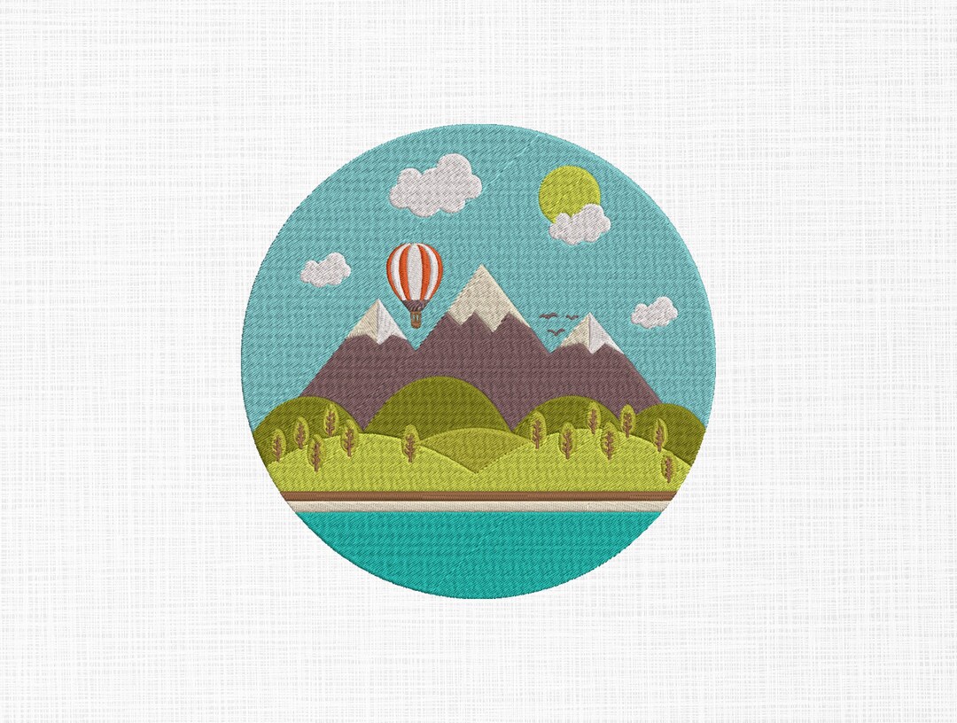Rural Landscape With Mountains and Beach, Nature Embroidery Design ...