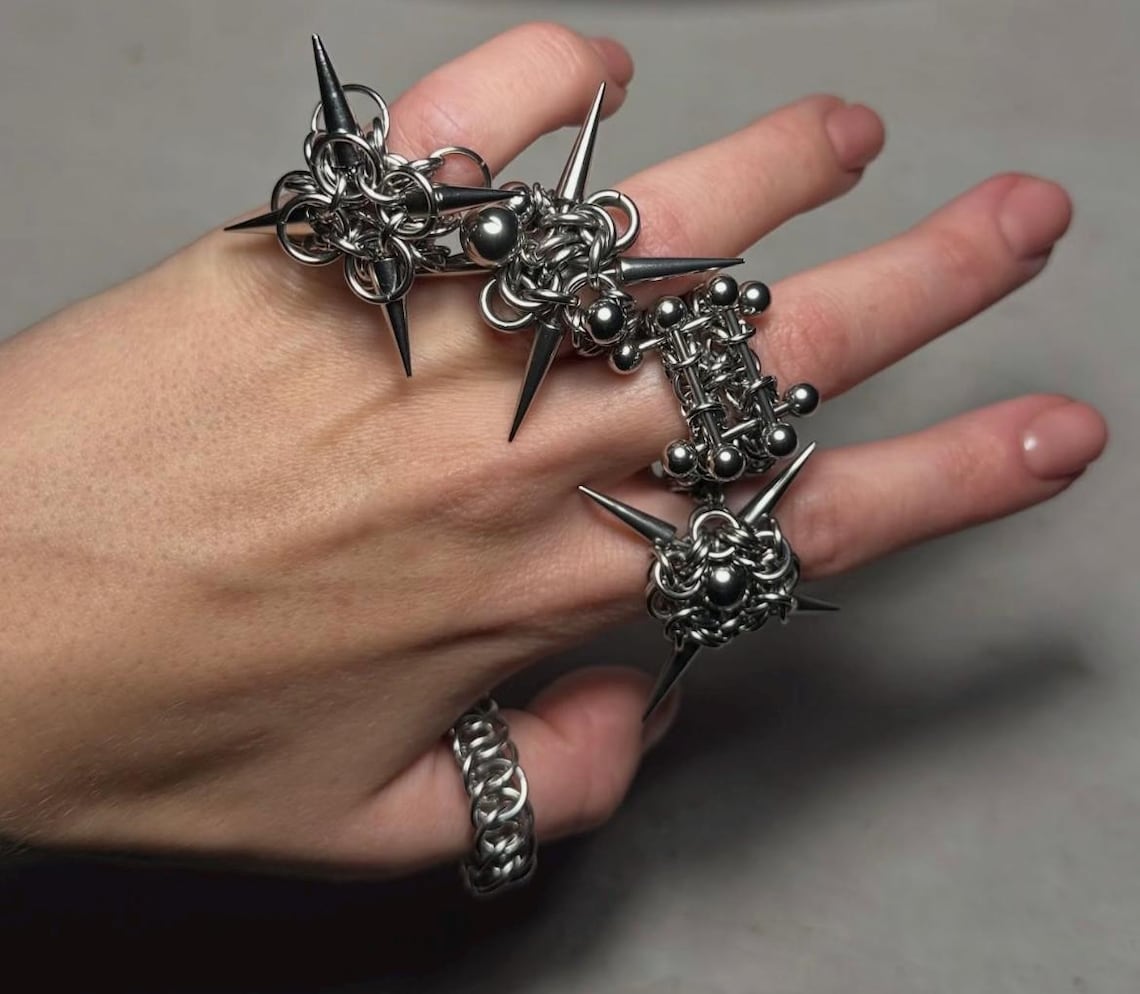 Grunge Woven Metal Ring,punk Titanium Rings,gothic Spike Ring,unisex ...