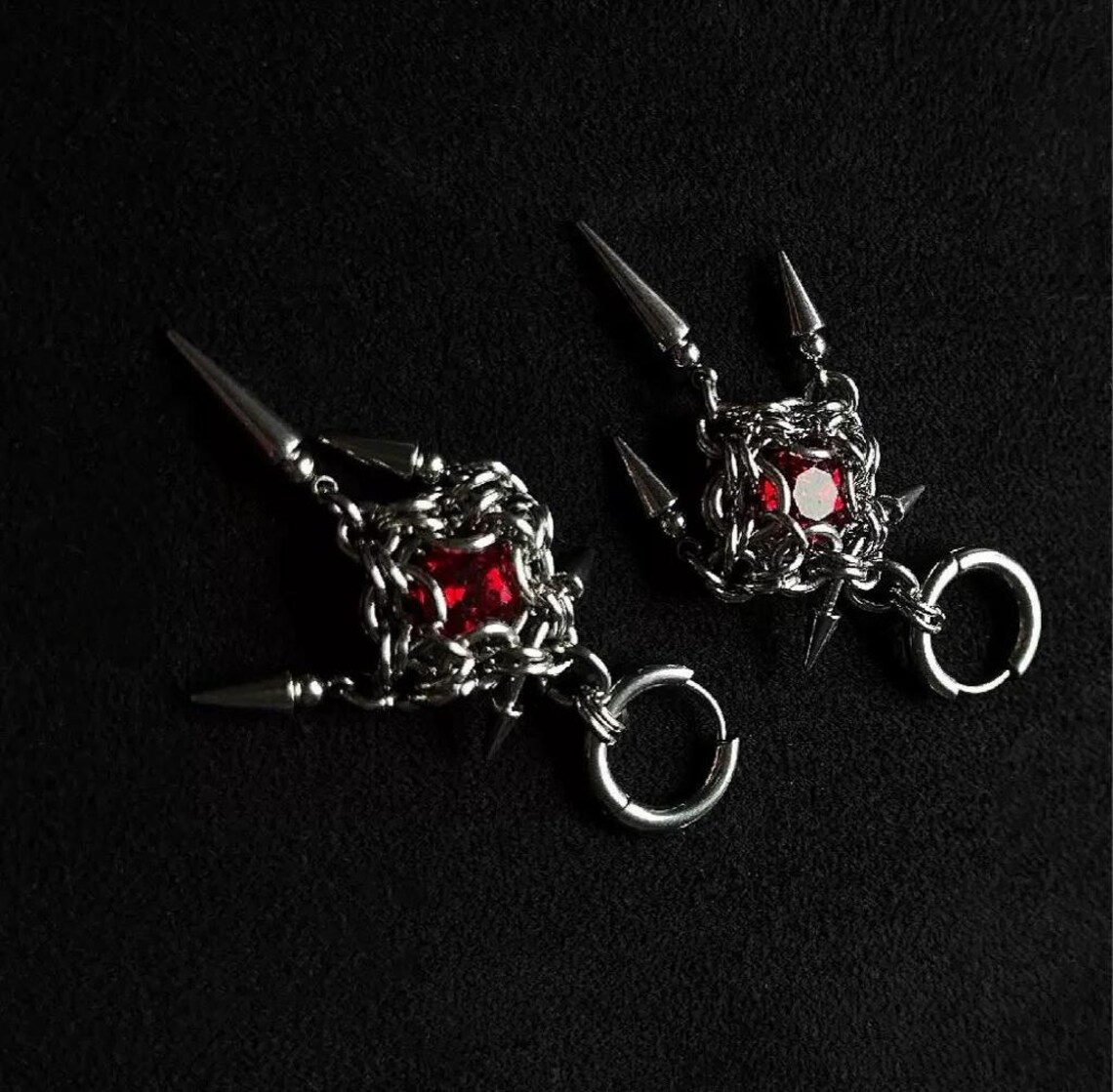 Punk Stud Earrings, Grunge Woven Metal Earrings, Gothic Red Stone Woven ...