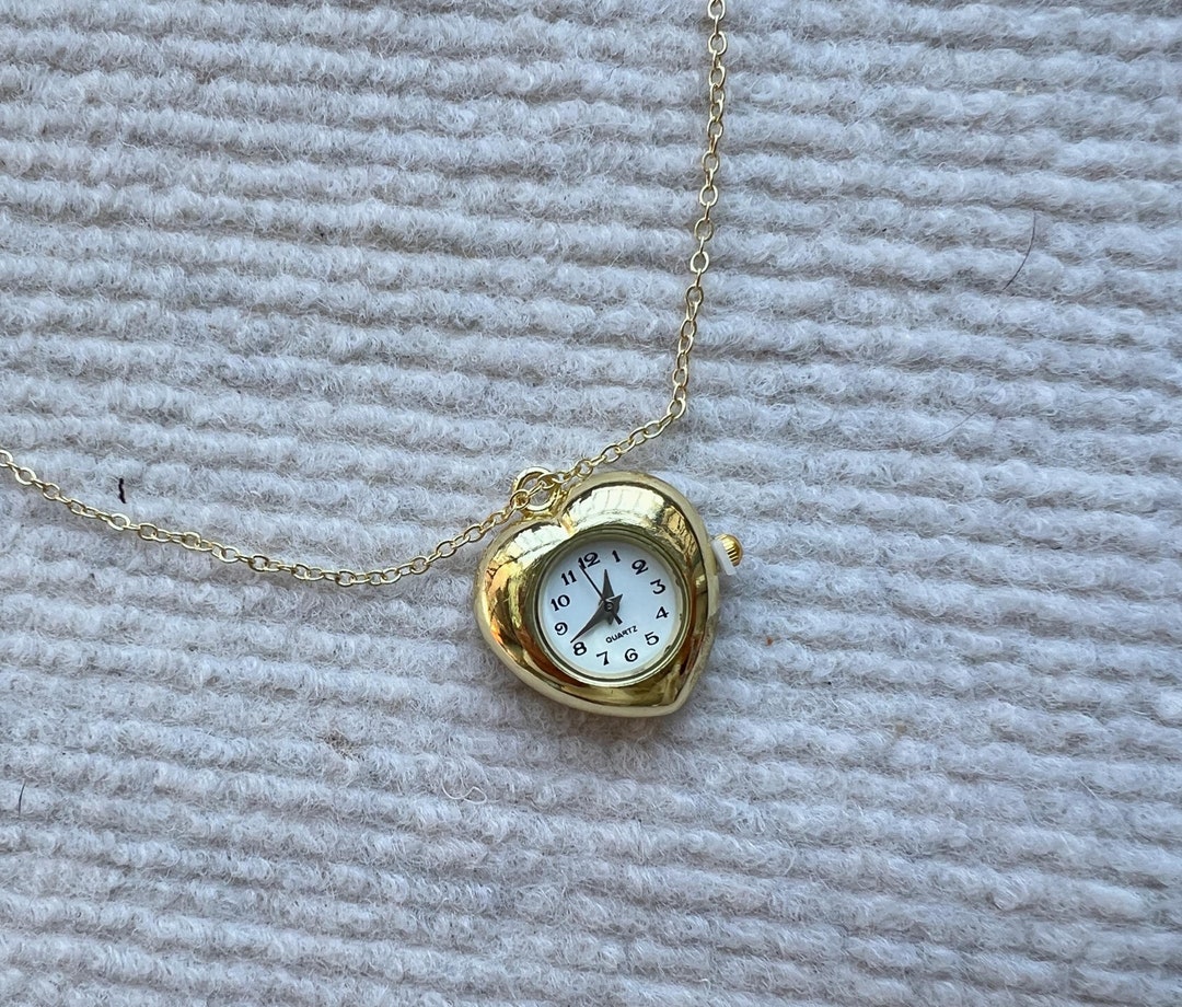 Vintage Elegant Gold Heart Watch Necklace, Gold Clock Jewelry, Y2K ...